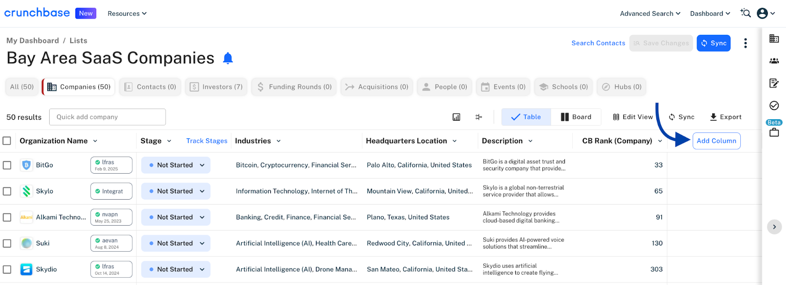 Adding columns to saved lists using Crunchbase Pro – Crunchbase | Knowledge Center